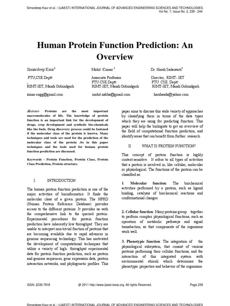 10 Ijaest Vol No 7 Issue No 2 Human Protein Function Prediction An Overview 239 244 Pdf