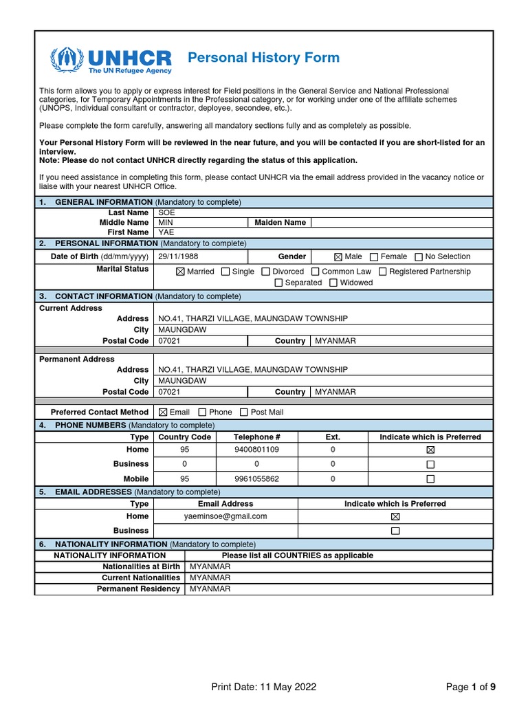 UNHCR P11 Form | PDF | Employment | Academic Degree