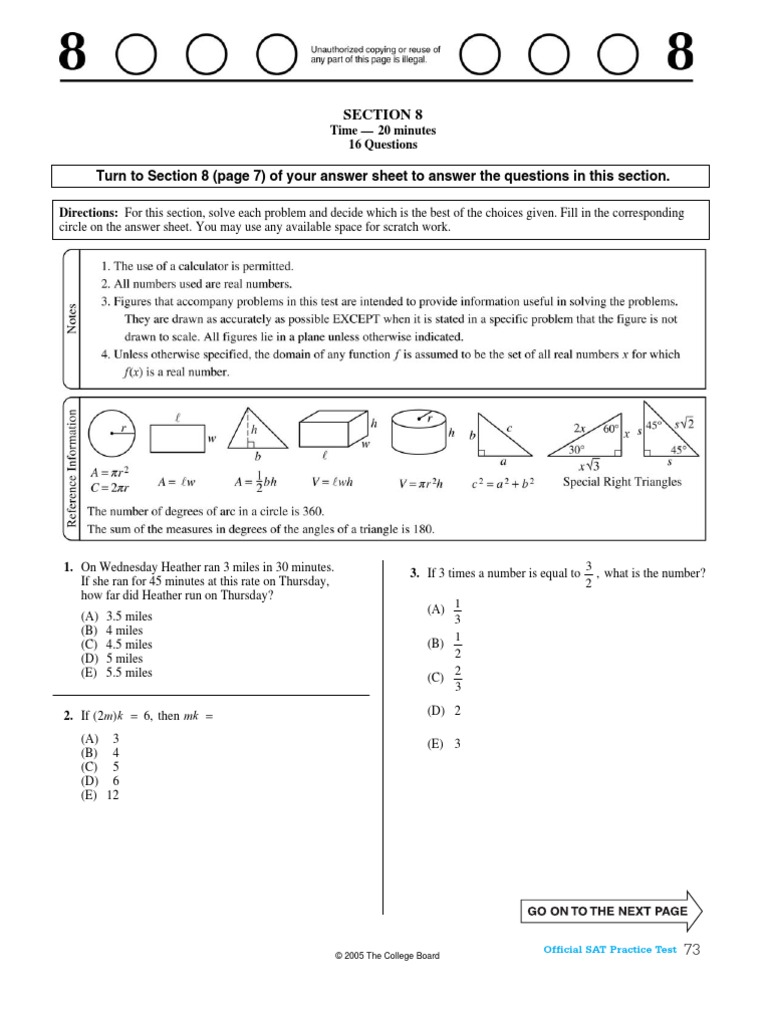 Math SAT Section 8 | PDF | Circle | Area