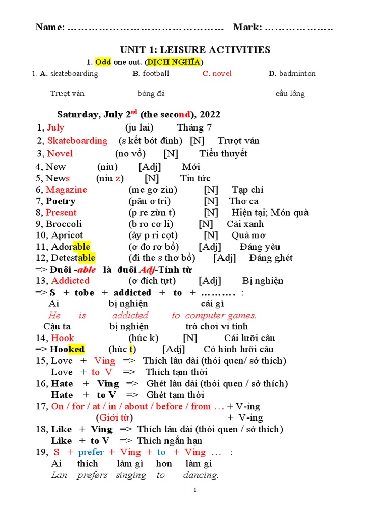 Bai Tap Tieng Anh Lop 8 Moi Unit 1 Leisure Activities | PDF