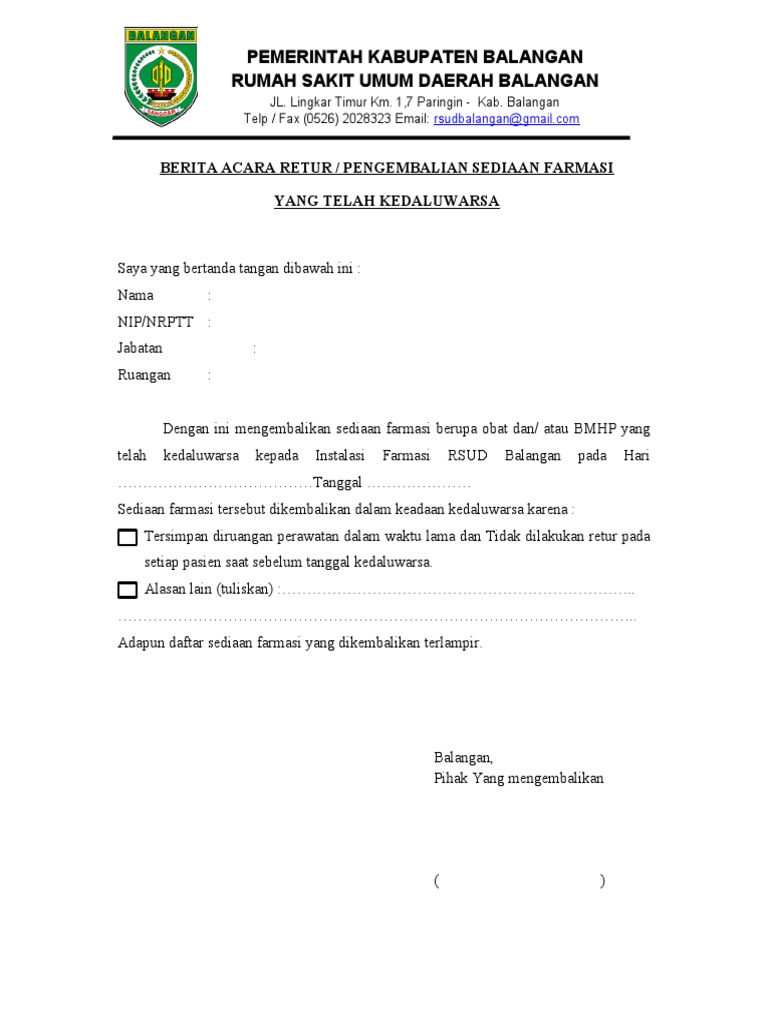 Berita Acara Retur Obat Kedaluwarsa | PDF