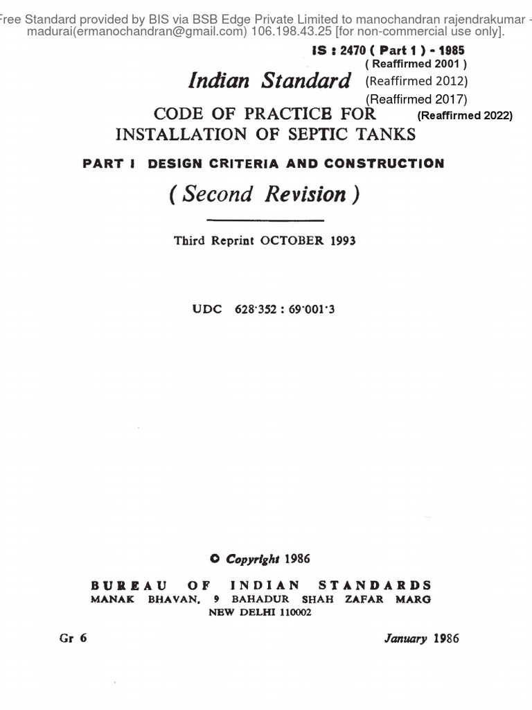 Is 2470 - 1 - 1985 Design of Septic Tanks | PDF | Septic Tank | Sewage ...