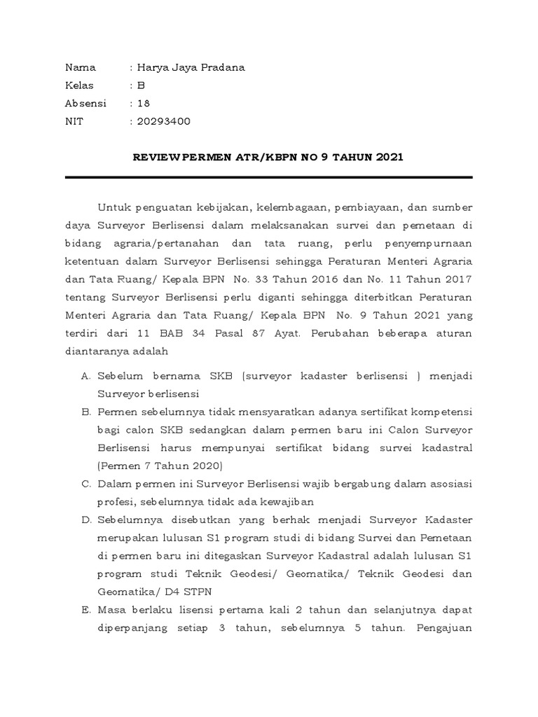 Tinjauan Permen ATR/BPN No. 9/2021 | PDF