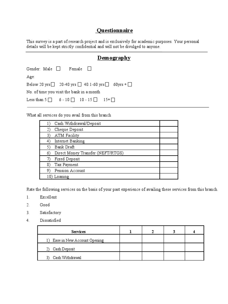 Bank Services Questionnaire Survey | PDF