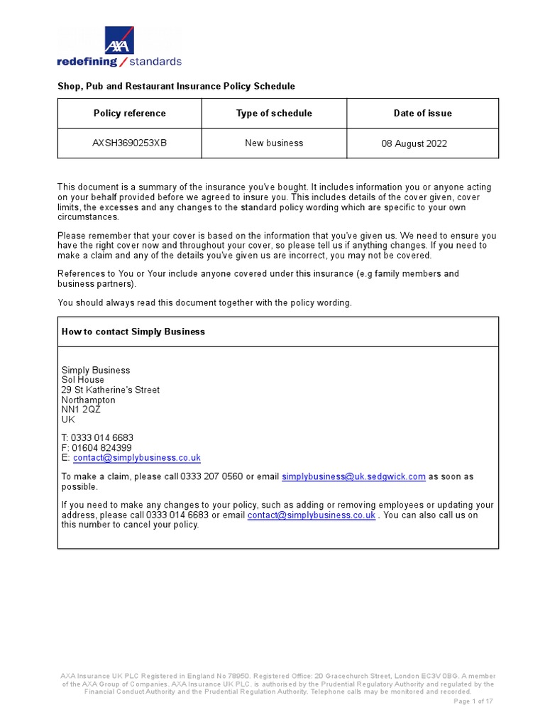 AXSH3690253XB1 - Policy Schedule | PDF | Insurance | Indemnity