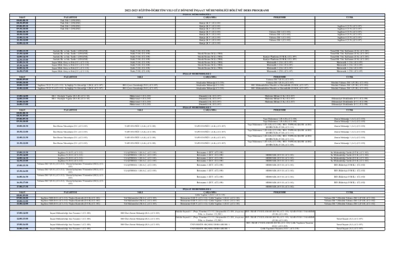 Insaat Muhendisligi 2022 2023 Guz Donemi Ders Programi | PDF
