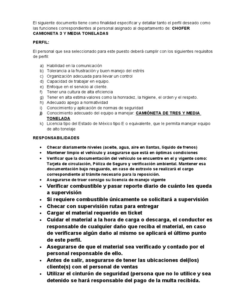 Perfil y Funciones Chofer 3 y Media | PDF | Seguro