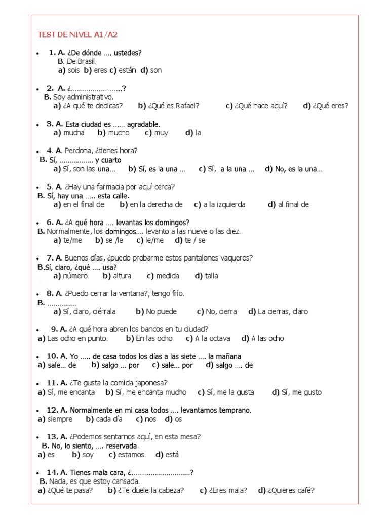 Test de Nivel Español A1/A2 | PDF