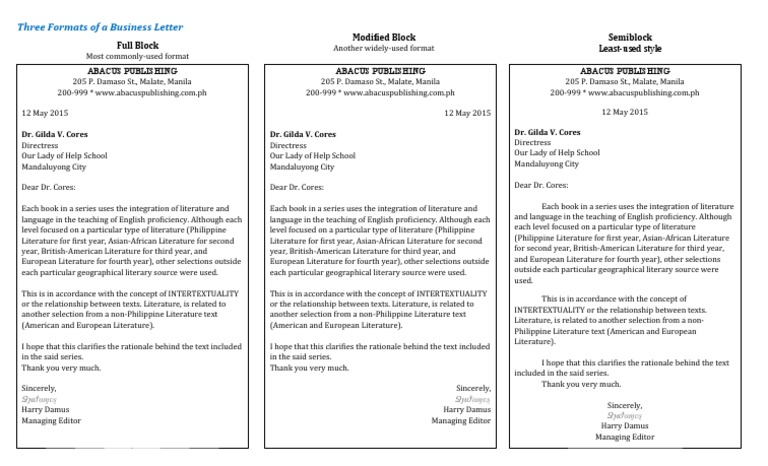 Business Letter Formats Explained | PDF | Intertextuality | Linguistics