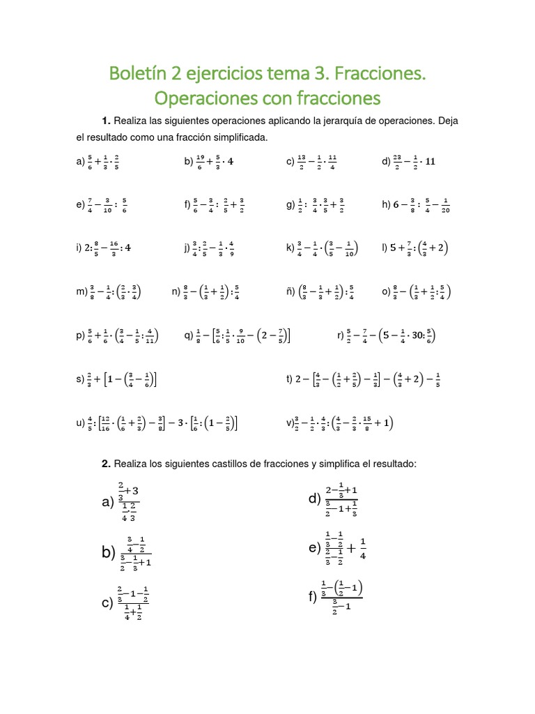 Boletín 2. Tema 3. Operaciones Con Fracciones | PDF