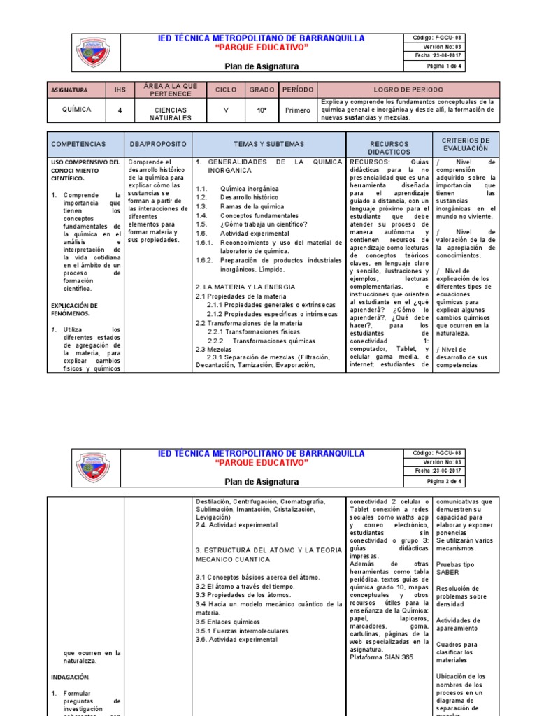 Quimica 10 Plan De Asignatura 2021 Periodo 1 Pdf Química