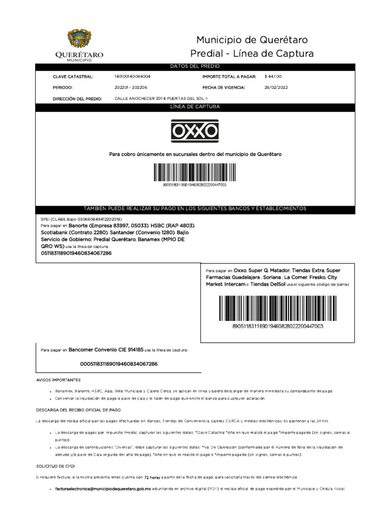 Predial Querétaro línea captura 2022 | PDF