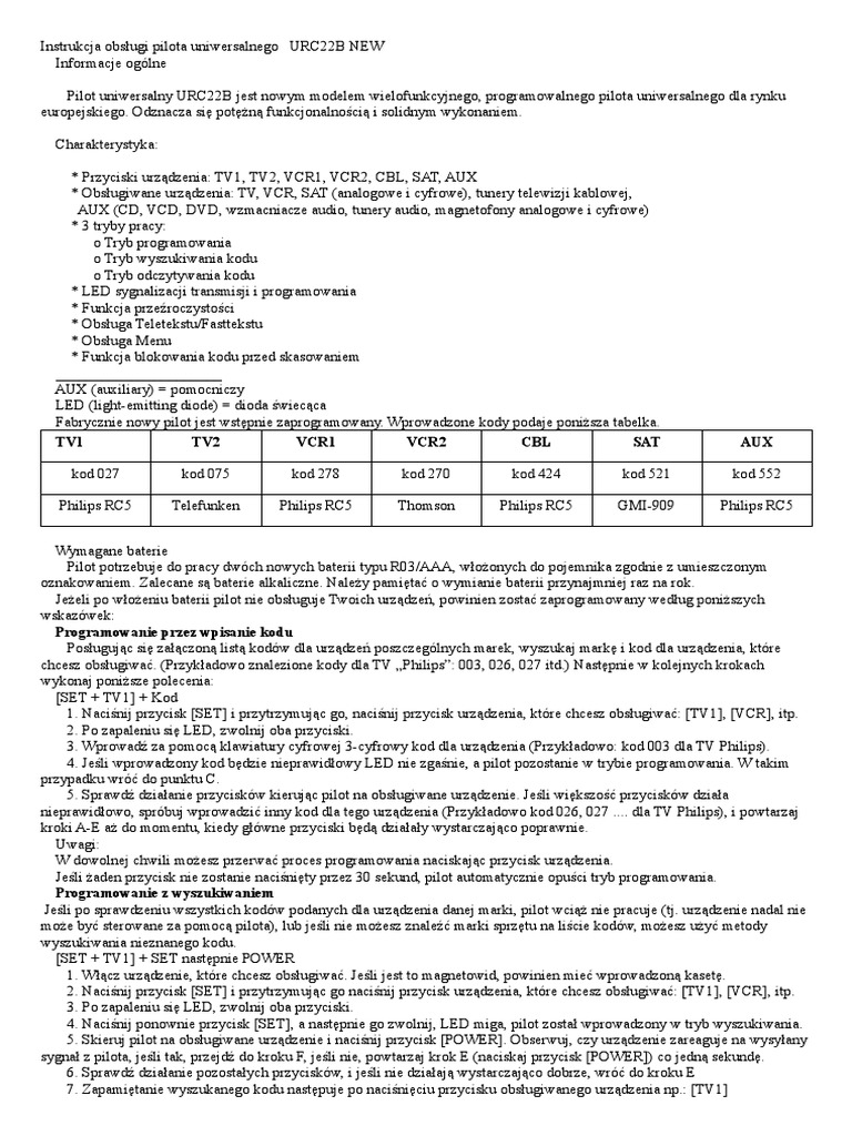 Instrukcja Urc22b Pilot | PDF
