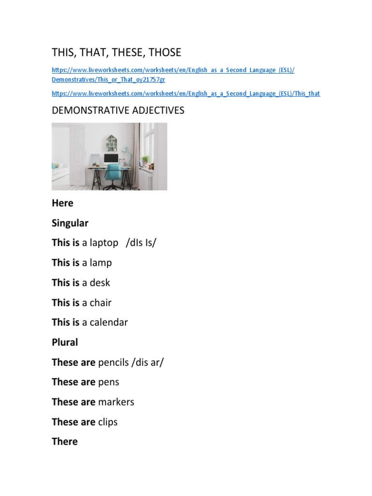 ESL Demonstratives Practice | PDF | Language Arts & Discipline