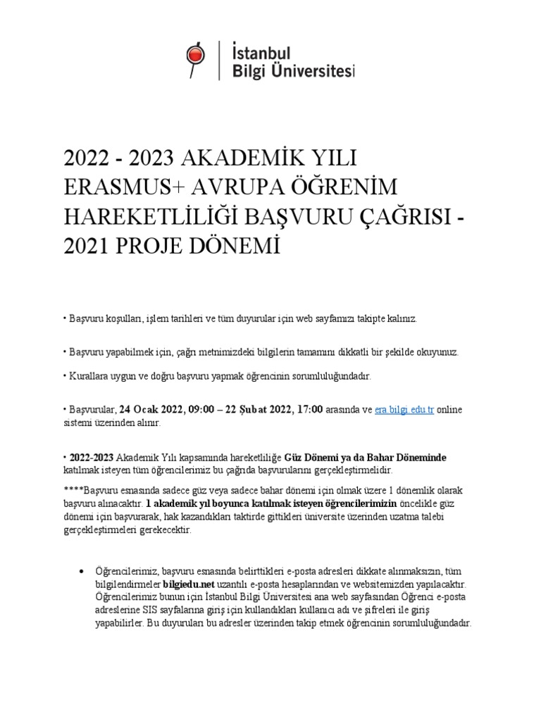 TR 2022 2023 Akademik Yili Erasmus Avrupa Ogrenim Hareketliligi ...