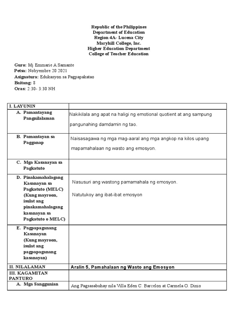 EsP 8 Lesson Exemplar Blank | PDF