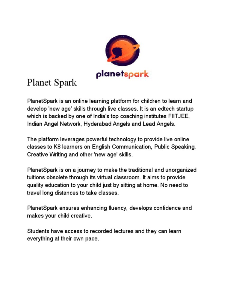 PlanetSpark: EdTech for Kids' Skills | PDF | Educational Technology ...