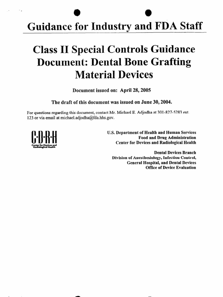 FDA S Class II Special Controls Guidance Document Dental Bone Grafting ...