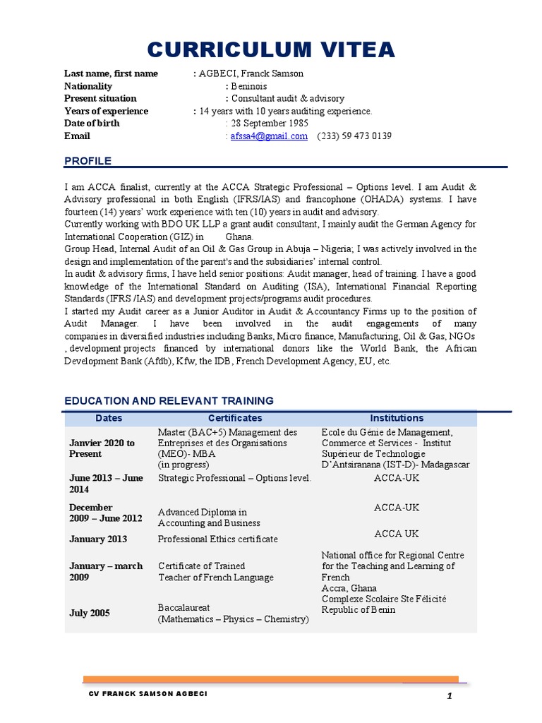 CV - Franck Samson AGBECI - English Version | Download Free PDF | Audit ...