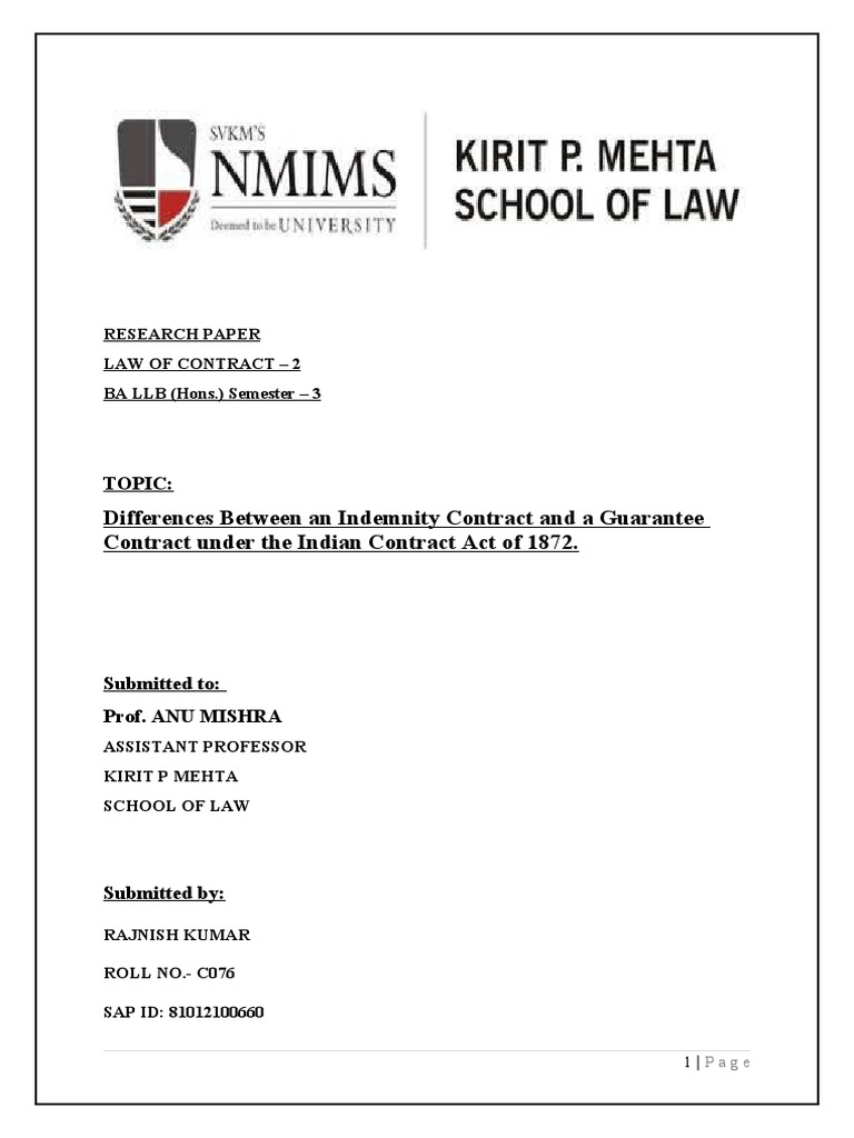 Rajnish Kumar, C076, Law of Contract 2 | PDF | Indemnity | Guarantee