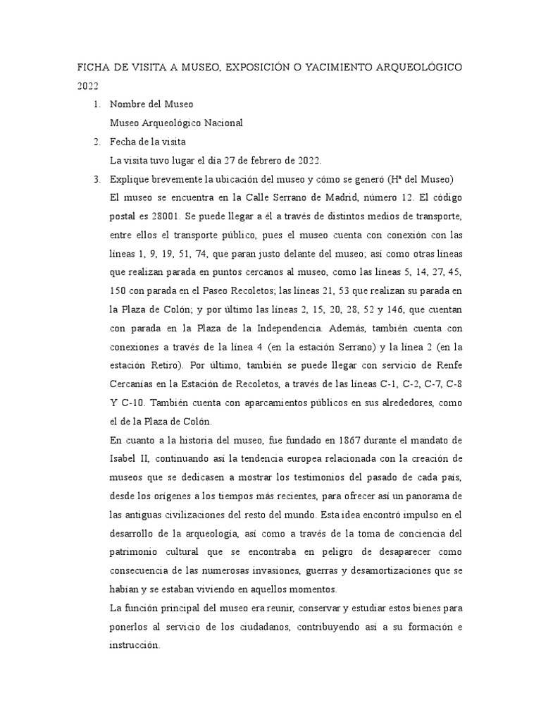 Ficha de Visita A Museo Arqueológico Nacional | PDF | Museo | Arqueología