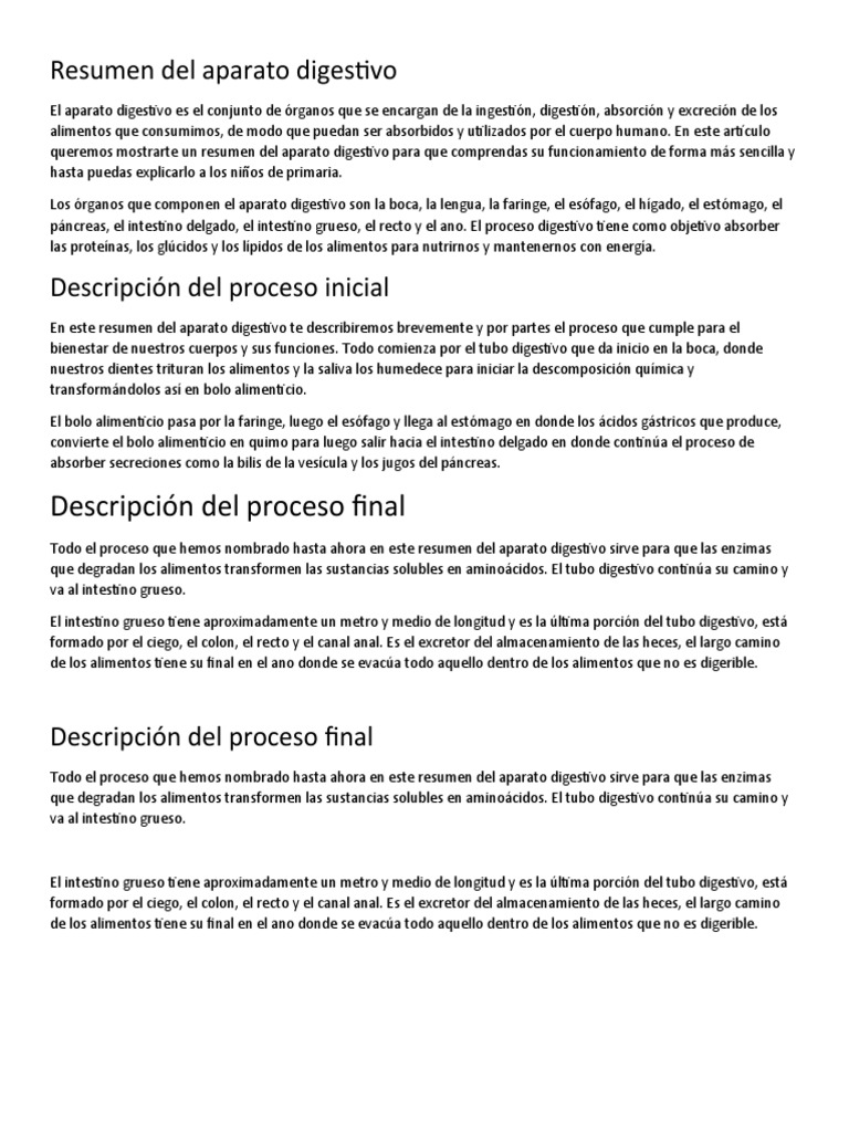 Resumen del Sistema Digestivo | PDF | Sistema digestivo humano | Digestión