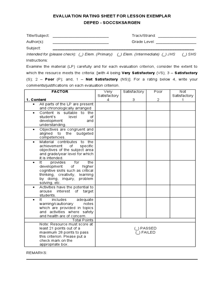 Lesson Exemplar Evaluation Rating Sheet | PDF | Evaluation | Cognitive ...