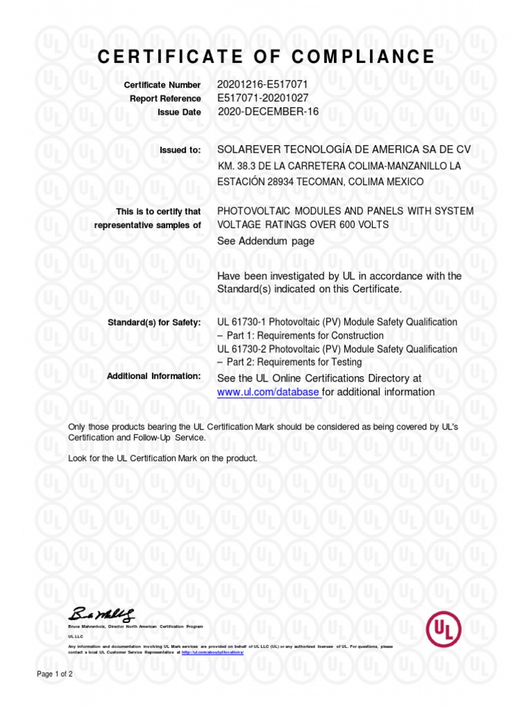 UL Certificate Solarever 2020 | PDF | Photovoltaics | Electricity