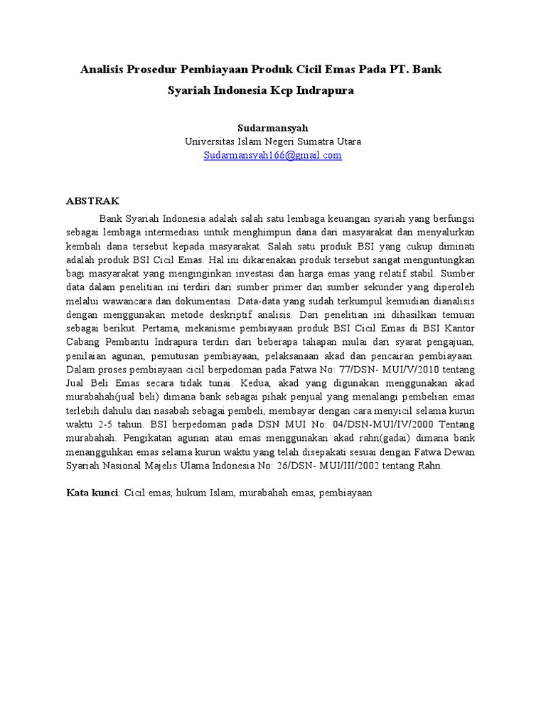 Analisis Prosedur Pembiayaan Produk Cicil Emas Pada PT. BSI KCP Indrapura | PDF