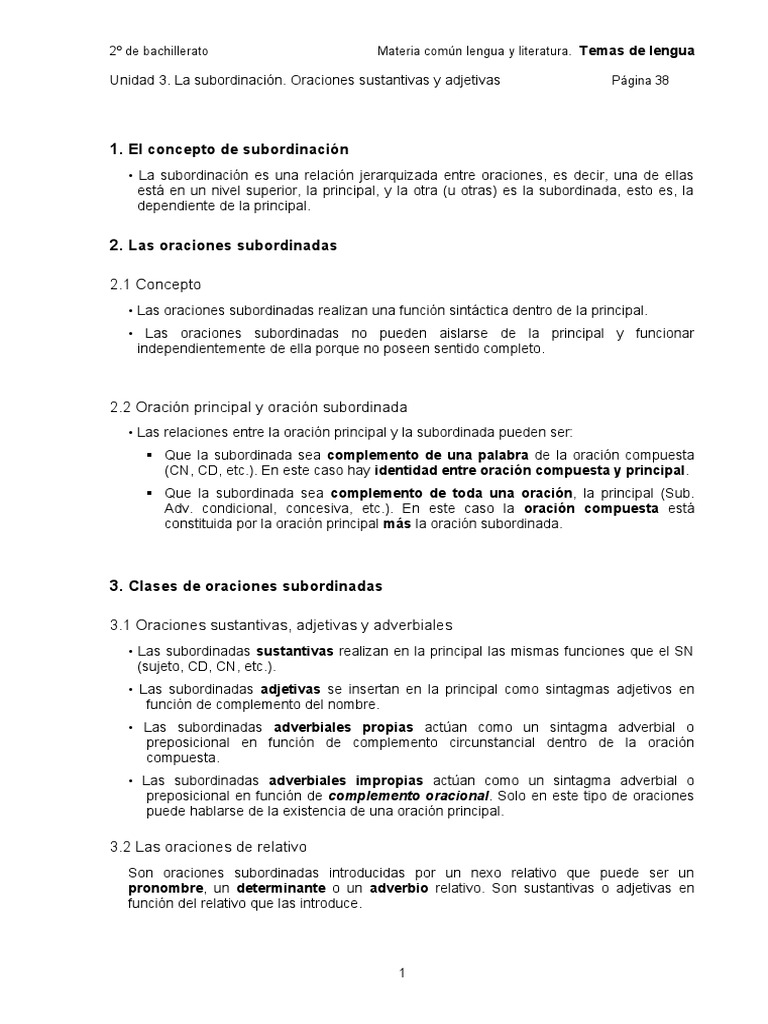 2º Bach Unidad 3 La Subordinación Oraciones Sustantivas y Adjetivas ...