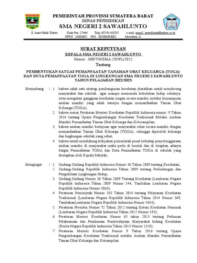 Satgas TOGA SMA 2 Sawahlunto 2022 | PDF