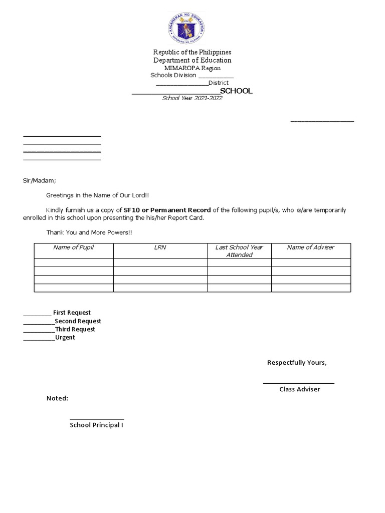 Request for Student SF10 Records | PDF