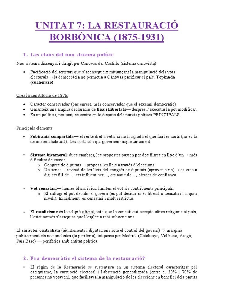 Unitat 7 La Restauració Borbònica (1875-1931) | PDF