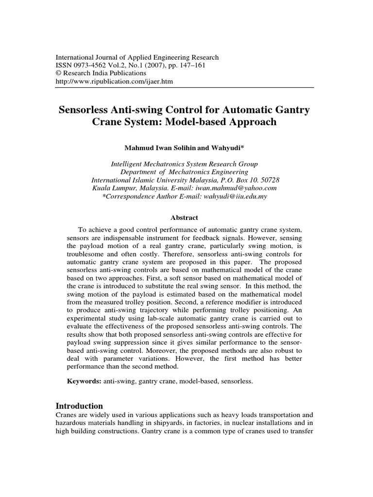 Sensorless Anti-Swing Control For Automatic Gantry Crane System: Model-Based Approach | PDF ...