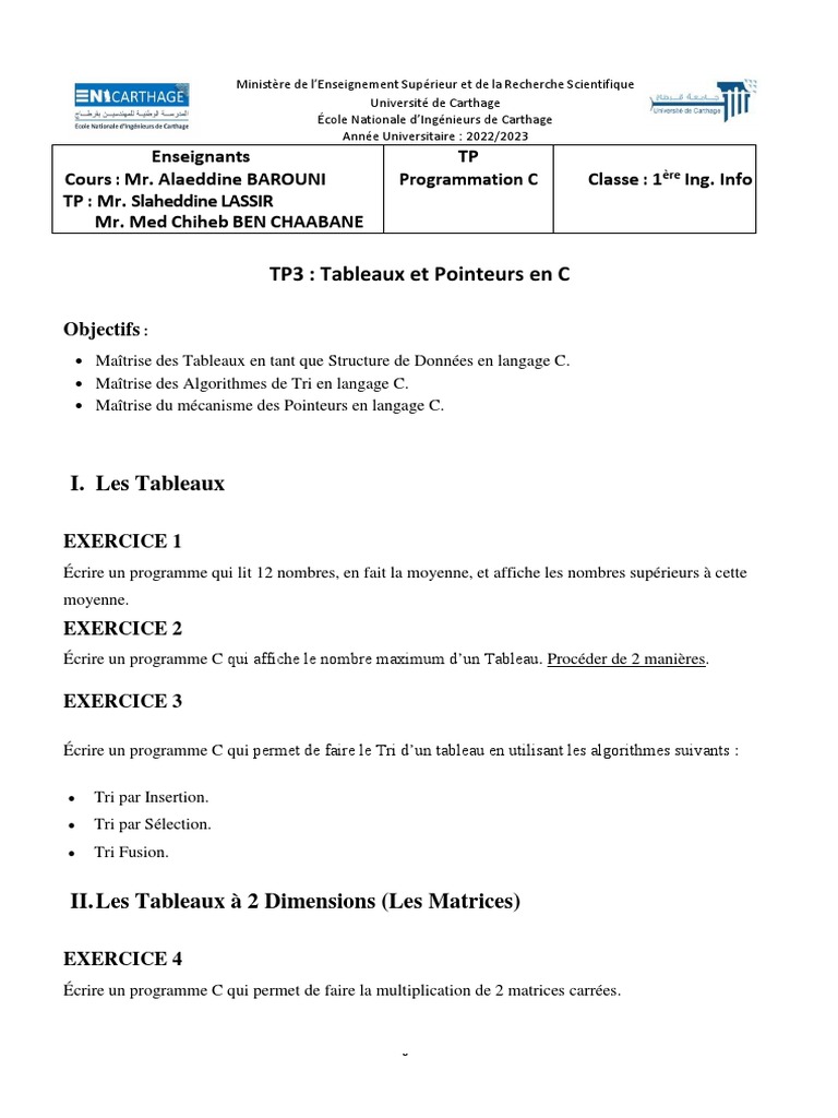 TP3 - Programmation C - Tableaux Et Pointeurs | PDF | Pointeur (programmation) | C (Langage de ...