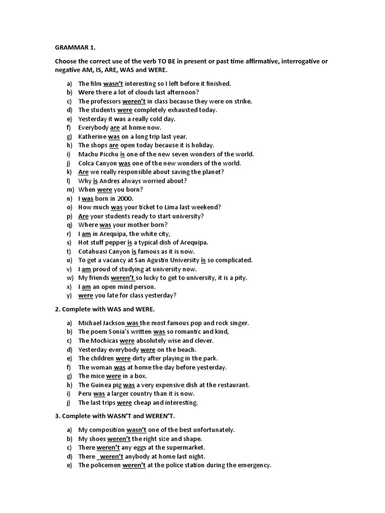 Verb To Be Practice: Choosing Correct Forms of Is, Are, Was and Were | PDF