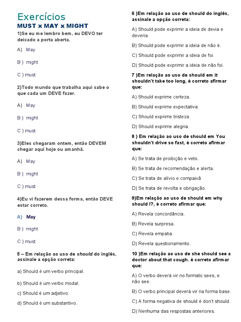 Modais auxiliares em inglês: Uso de should, must e may | PDF | Linguística
