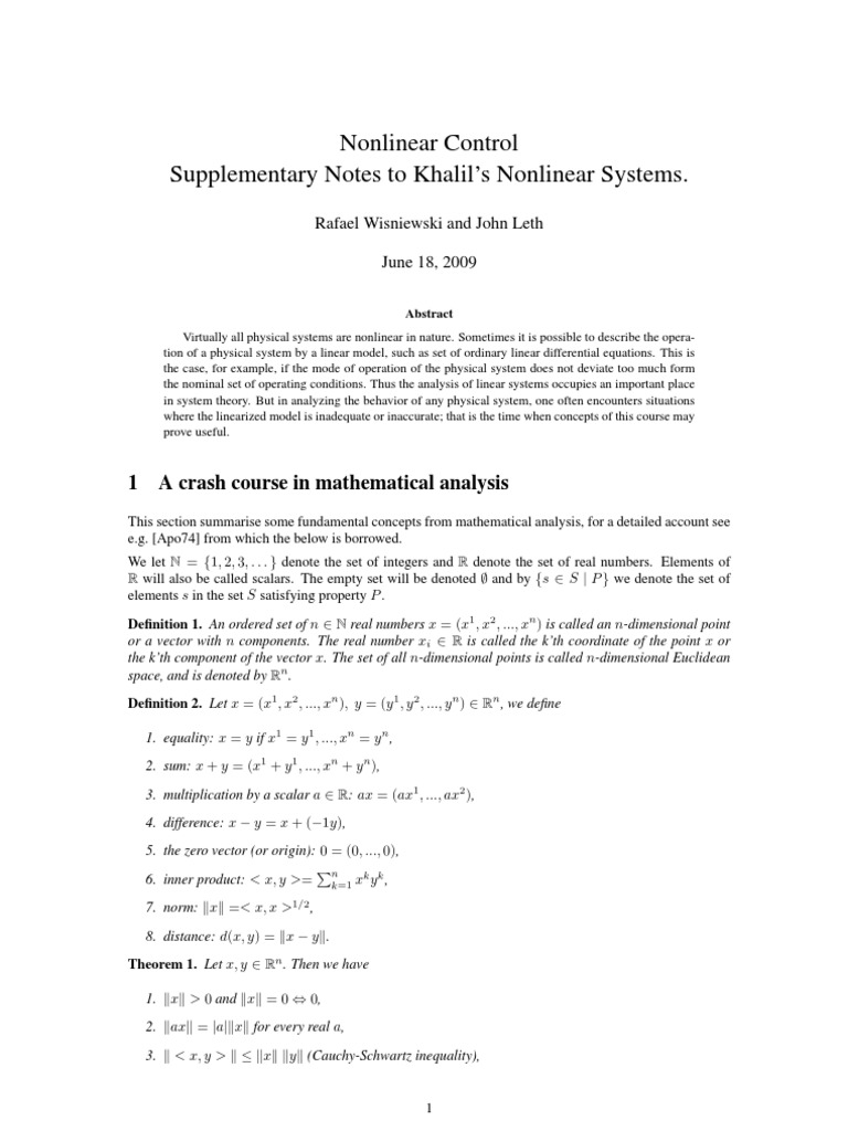 Nonlinear Control Supplementary Notes To Khalil's Nonlinear Systems ...