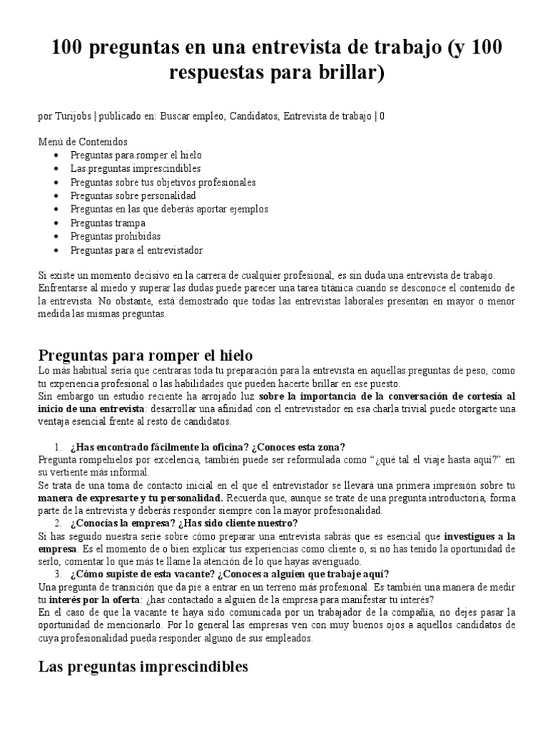 100 Preguntas en Una Entrevista de Trabajo | PDF | Entrevista de ...