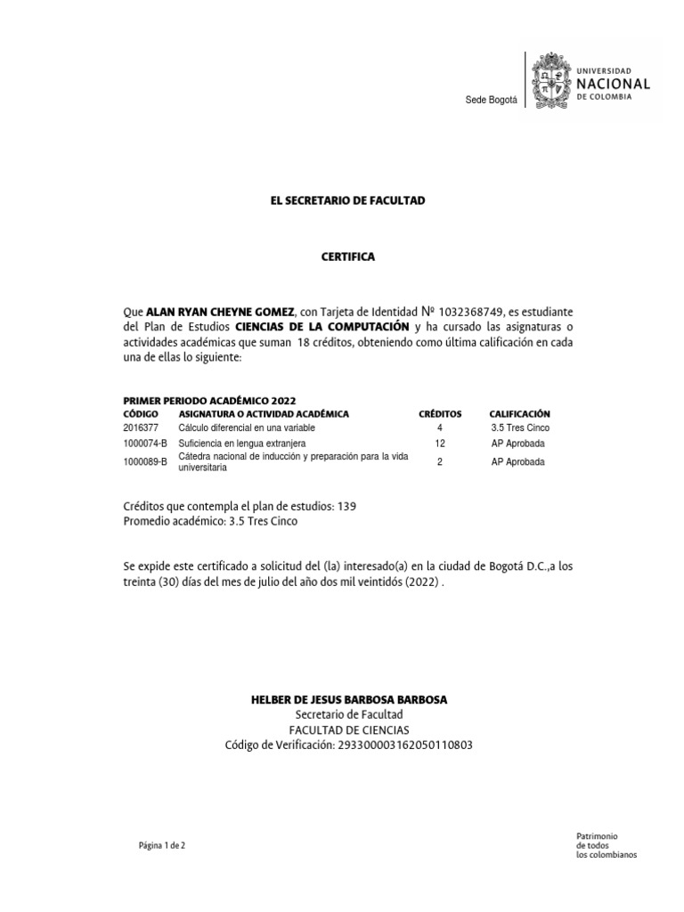 Sede Bogotá: Primer Periodo Académico 2022 | PDF