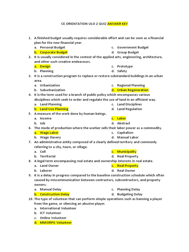 Ce Orientation Ulo 2 Quiz Answer Key | PDF