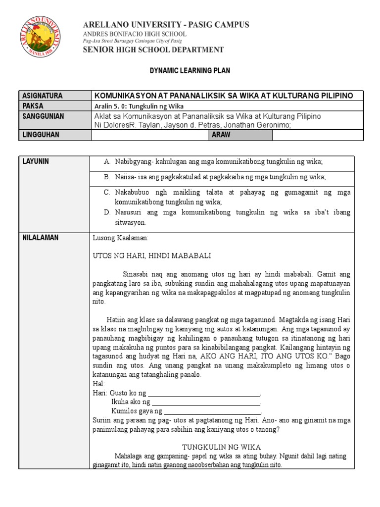 Aralin 3 DLP Gamit NG Wika Sa Lipunan | PDF