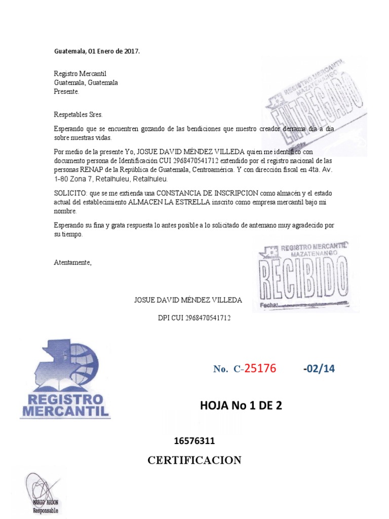 Solicitud y Certifiacacion de Inscripcion Ante El RM | PDF