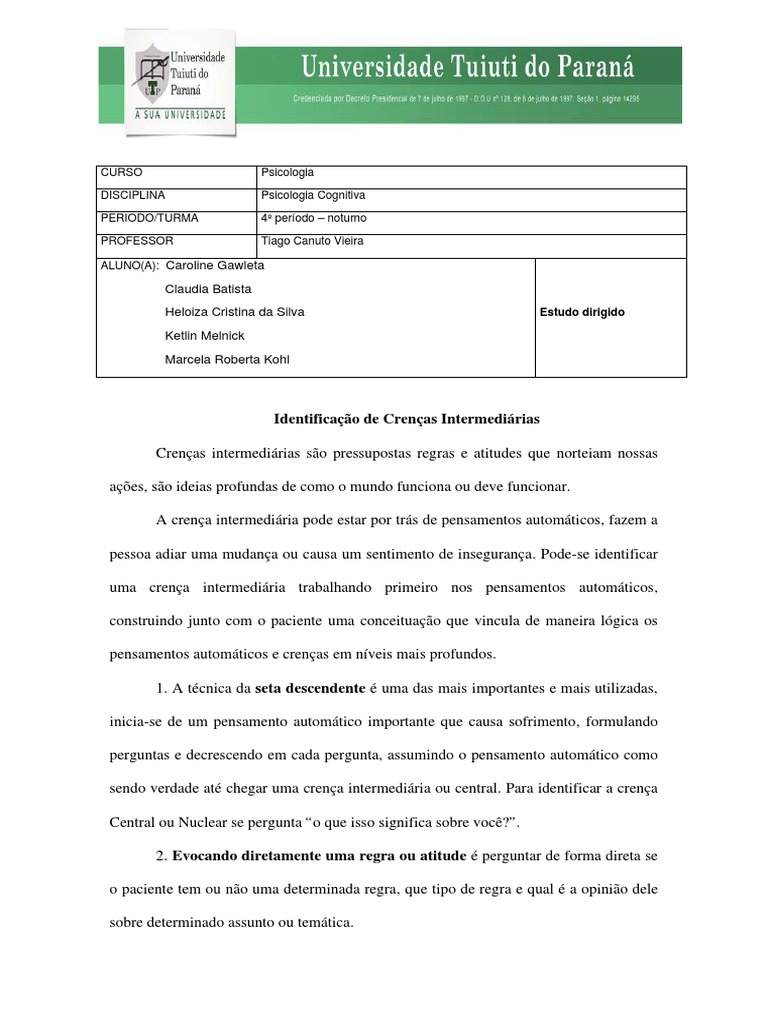 Identificando e Modificando Crencas Intermediarias | PDF | Pensamento ...