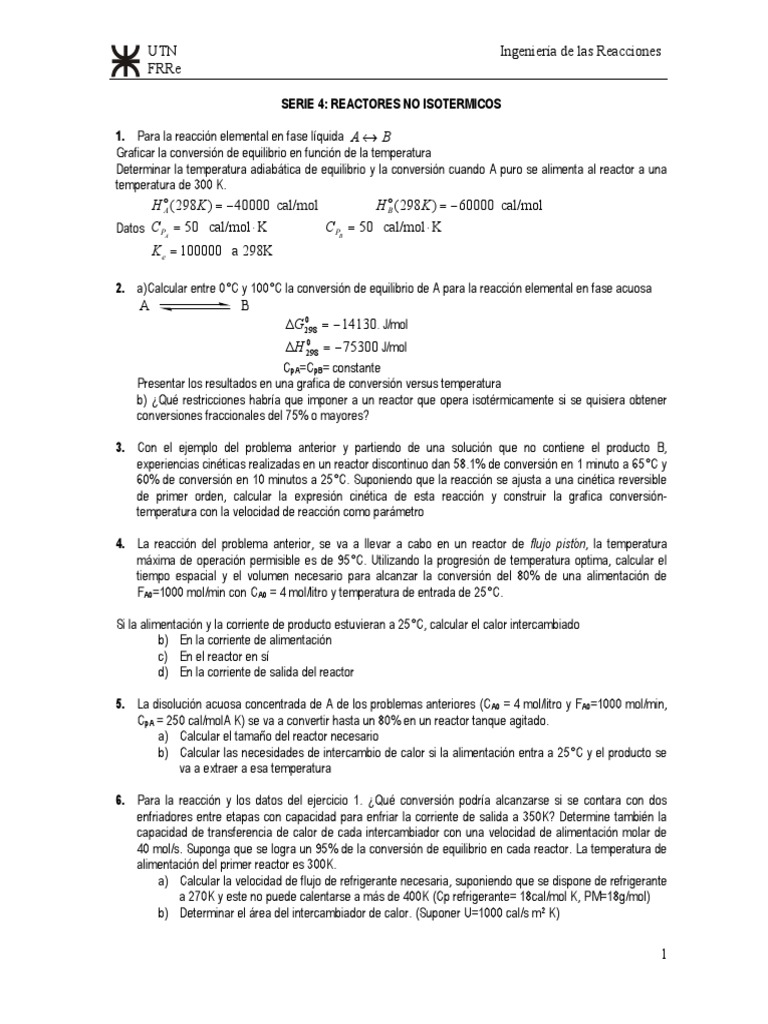 Serie 04 - Reactores No Isotermicos | PDF | Reactor Quimico | Equilibrio químico