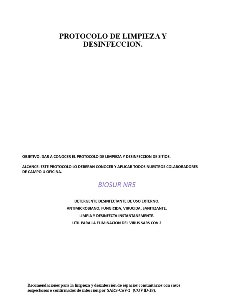 Protocolo de Limpieza y Desinfeccion | PDF | Detergente | Microorganismo