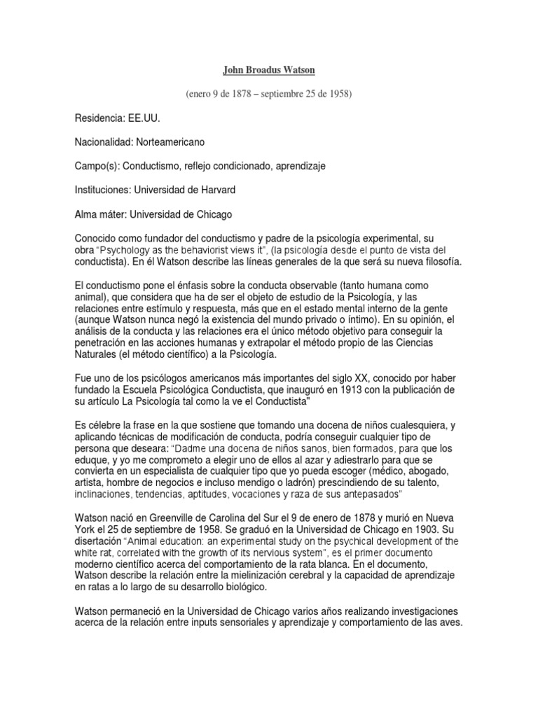 Jhon B. Watson | PDF | Behaviorismo | Sicología