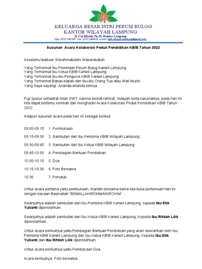 Susunan Acara Kolaborasi Peduli Pendidikan KBIB Tahun 2022 | PDF