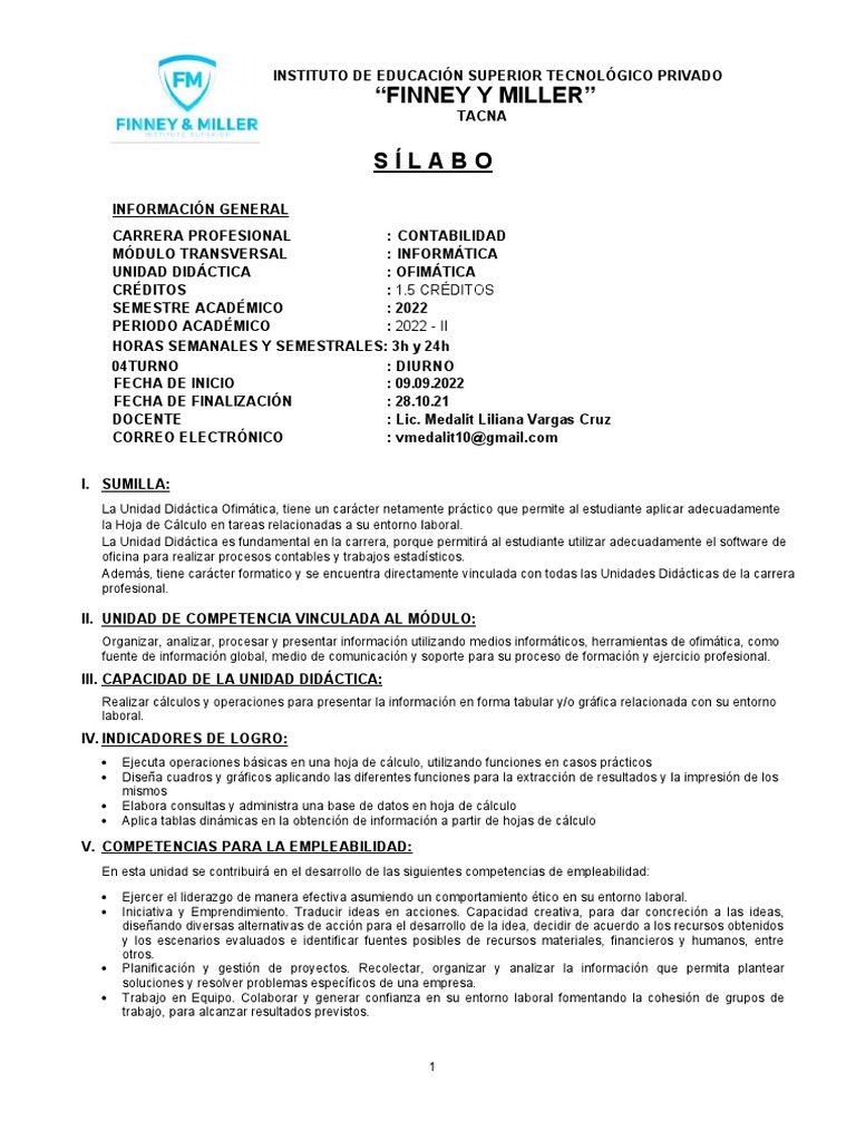 Silabo-De-Ofimatica 2022 | PDF | Evaluación | Aprendizaje