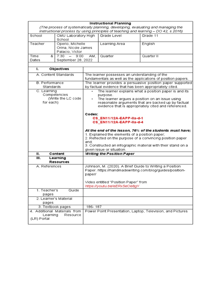 Lesson Plan Deped Format Group 9 | PDF | Learning | Argument